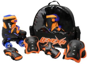 lenexa go gro adjustable quad roller skate bundle – kids roller skates with wrist guards, knee pads, elbow pads, and matching backpack - black, orange, adjustable medium (12j to 2)