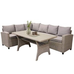 lz leisure zone patio furniture sets, 3 piece outdoor patio dining table set, pe rattan wicker conversation set, all-weather sectional sofa set with table & soft cushions, brown+light brown