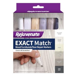 rejuvenate exact match wood furniture & floor repair markers, 6 count, white/gray markers cover all scratches, scuffs and damage to wood furniture and flooring