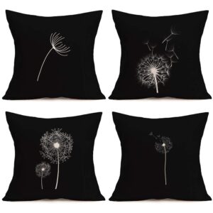 sharej 4 pack dandelion throw pillow covers cotton linen black cushion cover monochrome dandelions with seeds blowing in the wind fluffy pattern design pillow slips for sofa couch decor 18 x 18 inch