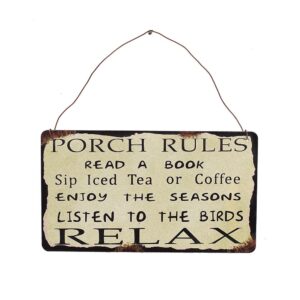 kilipes vintage porch rules rustic metal wall sign for front door porch hanging sign with sayings, housewarming gift, outdoor living 8.5x5 inch