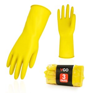 vgo... 3-pairs reusable household gloves, rubber dishwashing gloves, extra thickness, long sleeves, kitchen cleaning, working, painting, gardening, pet care (size m, yellow, hh4601)