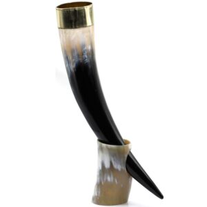 natural finish authentic handcrafted viking drinking horn - 12" natural - best for beer, mead, ale… (brass rim polished)