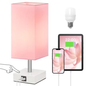 ambimall touch control table lamp with 2 usb charging ports, 3 way touch lamps beside desk, nightstand lamp for bedrooms living room, pink shade with white base, led bulb included(pink)