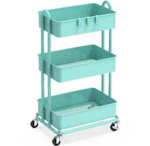 simple houseware heavy duty 3-tier metal utility rolling cart, turquoise