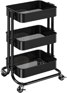 pipishell 3 tier metal rolling utility cart, heavy-duty storage rolling cart with 2 lockable wheels, multifunctional mesh organization utility cart for kitchen dining room living room (black)