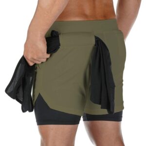 boomlemon men's 2-in-1 running workout shorts gym training athletic short pants with towel loop(army green m)