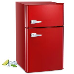 r.w.flame mini refrigerator with freezer,retro small fridge 3.2 cu.ft double 2-door,energy saving,mini refrigerator, adjustable removable shelves,retro mini fridge for bedroom,office, home, red