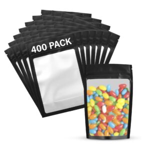 colsen 3 x 4 inches 400 pack (28 g or 1 oz) smell proof mylar resealable foil pouch bags - food storage airtight multi purpose zipper candy bags for small business (matte black with clear window)