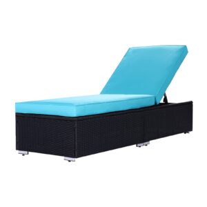 outdoor pe wicker chaise lounge, patio lounge chair adjustable reclining chair for pool with removable cushion, black and blue