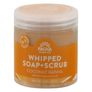 pacha coconut papaya whipped soap & scrub, luxurious body wash and scrub for a nourishing & relaxing head to toe cleanse, 8 oz