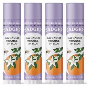 badger lavender orange classic lip balm, 100% organic lip balm, long lasting lip care w/light silky texture, uplifting orange & calming lavender lip balm, 4 pack