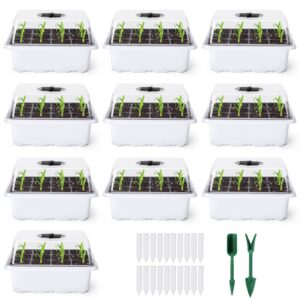 delxo 10-pack seed starter kit seedling starter tray (12 cells per tray) humidity adjustable plant germination kit garden seed starting tray with dome and white base plus plant tags hand tool kit