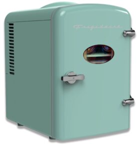 frigidaire efmis129-mint mini personal fridge cooler, 1 gal capacity fits six cans, includes plugs for home outlet & dc charger-9.84" d x 7.09" w x 10.35" h