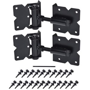 self closing gate hardware hinges heavy duty for wooden/vinyl/pvc fences,90 degree adjustable, with installation screws and swing adjuster tool,2 pack/set,black