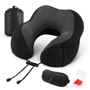 emgthe travel pillow 100% memory foam pillow, neck pillow for airplane, neck & head support pillow for sleeping rest & car, travel pillows kit with storage bag, sleep mask and earplugs black