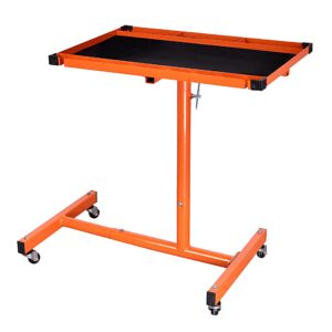 eisen mechanics rolling work table, adjustable mobile tray table for shop, garage, diy. tool tray cable with wheels. 220 lb. capacity, orange