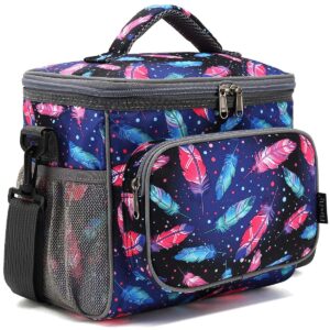 flowfly insulated reusable lunch bag adult large lunch box for women and men with adjustable shoulder strap,front zipper pocket and dual large mesh side pockets,feather