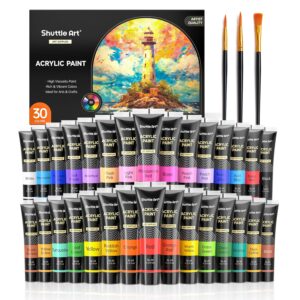 shuttle art 30 colors acrylic paint set, 36ml tubes with 3 brushes, artist grade acrylic paint, for kids adults beginners, painting on crafts canvas wood rocks