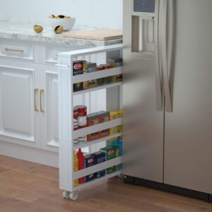 musehomeinc compact space kitchen pantry,4-tier kitchen removable storage cart, slim slide out rolling pantry shelf for narrow spaces（white）