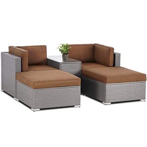 oakmont 5 pieces patio furniture sectional set outdoor all-weather pe rattan wicker lawn conversation sets cushioned garden sofa set with glass coffee table(brown)