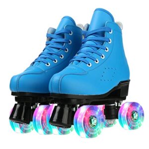 women's roller skates pu leather high-top roller skates four-wheel roller skates shiny roller skates with carry bag for girls (7, blue flash wheel)