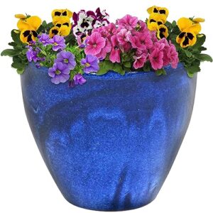 sunnydaze large ceramic planter - indoor or outdoor plant pot with drainage holes - imperial blue glaze finish - 13" - resort