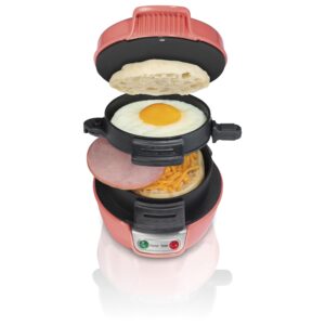 hamilton beach breakfast sandwich maker with egg cooker ring, customize ingredients, perfect for english muffins, croissants, mini waffles, perfect white elephant gifts, coral (25483)