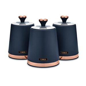 tower t826131mnb cavaletto set of 3 storage canisters for tea/coffee/sugar, steel, midnight blue and rose gold