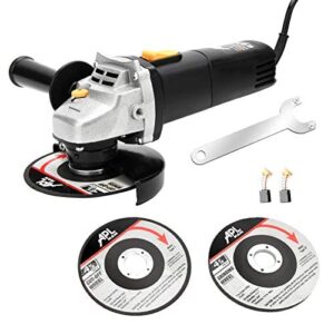 aplman angle grinder tool,5-amp motor driver, 4-1/2 inch with 1 grinding wheels, 2 cut-off wheels,2 carbon brush and 1 wrench.10500rpm for fast stock removal,anti-vibration handle