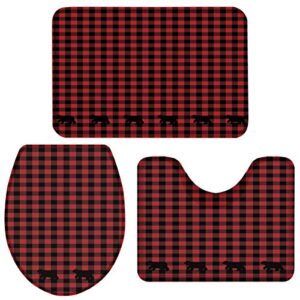 bath rugs for bathroom set 3 piece-buffalo check plaid bear black and red,non-slip washable memory foam absorbent bath mat runner rugs for tub shower,u-shaped toilet floor mats,toilet lid cover