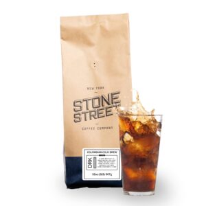 stone street cold brew flavored coffee, natural vanilla hazelnut flavor, low acid, 100% colombian, gourmet coffee, coarse ground, dark roast, 1 lb