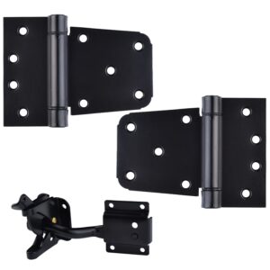 self-closing gate hardware kit,1 pack self-locking gate latch and 2 pack 3.5inch heavy duty adjustable spring gate square barn hinges,black finish gate hardware set for wood vinyl fence gate shed door