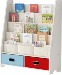 seirione sturdy kids bookshelf, children display rack, 4 sling and 2 storage boxes for toys organizer, white/wood texture