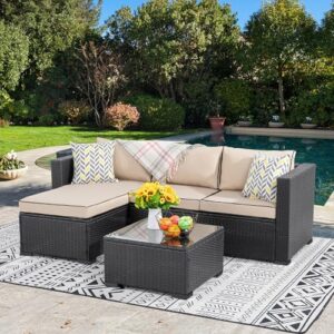 walsunny patio furniture set 3 piece outdoor sectional patio sofa, all weather wicker rattan outdoor furniture with glass table and cushions(black/khaki)