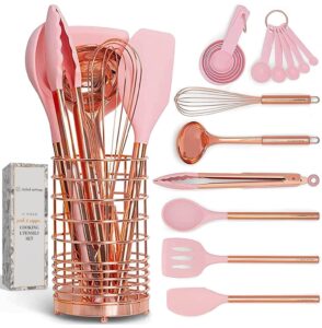 copper and pink kitchen utensils set - 17-piece silicone cooking tools with copper utensil holder and pink measuring cups and spoons for baking and everyday cooking - stylish kitchen accessories