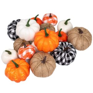 ueerdand 16 pcs fall decor assorted sizes artificial pumpkins burlap faux foam pumpkin for harvest autumn season halloween thanksgiving holiday festive embellishing and displaying