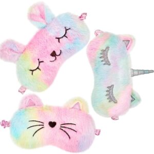 sleep mask for kids, girls plush sleeping eye cover 3 pieces soft eye blindfold sleep cover animal shade for kids(rainbow color,bunny, cat and unicorn style)