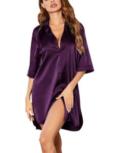 ekouaer nightgown women half sleeve sleep shirts soft casual sexy nightshirt v neck satin wedding sleepwear purple s