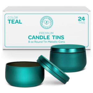 hearts & crafts containers with lids for candles - 24-pack of teal candle tins 8 oz for candle making, storage, and organizing small essentials - empty jars for diy crafts and gifts