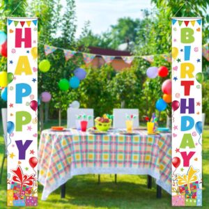 allenjoy happy birthday theme porch signs hanging wall door banner for newborn kids decorations polyester wrinkle free outdoor indoor 11.8x70.9 inch home decor events front yard party supplies 2pcs