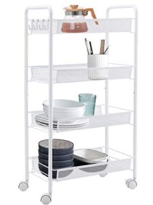 rolling storage cart 4-tier metal mesh basket shelves kitchen organizer with wheels(white)