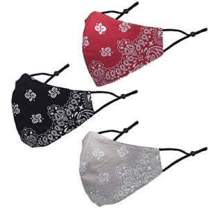 men women face cover bandana, soft cotton fabric mask half face protective, fashion black unisex paisley balaclava, reusable washable, anti dust protection for gift 3pcs (black red gray)