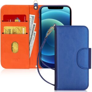 fyy compatible with iphone 12 mini case, [kickstand feature] luxury pu leather wallet case flip folio cover with [card slots] and [note pockets] for iphone 12 mini 5g 5.4" navy