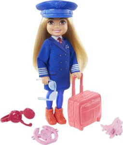 barbie chelsea can be playset with blonde chelsea pilot doll (6-in), luggage, headset, cockpit wheel, mini plane, glasses, great gift for ages 3 years old & up