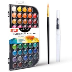 aroic watercolor paint set, with a watercolor paint, 48 color, a brush and a refillable water brush pen. the best gift for beginners, children and art lovers.