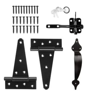 hillmaster wooden gate hardware set kit with self-locking gate latch, 2 pack 6in t-starp gate hinges, vintage decorative gate door pull handle for wooden vinyl fence, black finish