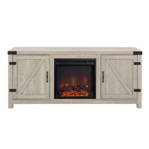 walker edison georgetown modern farmhouse double barn door fireplace tv stand for tvs up to 65 inches, 58 inch, stone grey