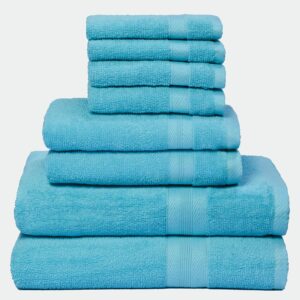 boutiquo 8 piece towel set 100% ring spun cotton, 2 bath towels 27x54, 2 hand towels 16x28 and 4 washcloths 13x13 - ultra soft highly absorbent machine washable hotel spa quality - turquoise blue