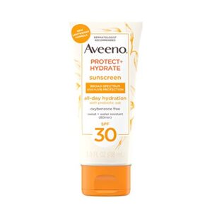 aveeno protect + hydrate moisturizing body sunscreen lotion with broad spectrum spf 30 & prebiotic oat, weightless & refreshing feel, paraben-free, oil-free, oxybenzone-free, 3.0 ounces